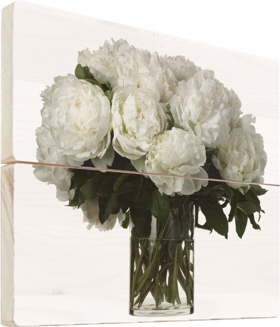 Witte pioenroos op hout - 50x50 - Witte pioenrozen in een vaas ...