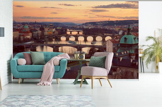Behang - Fotobehang Zonsondergang - Praag - Bruggen - Breedte 385 cm x ...
