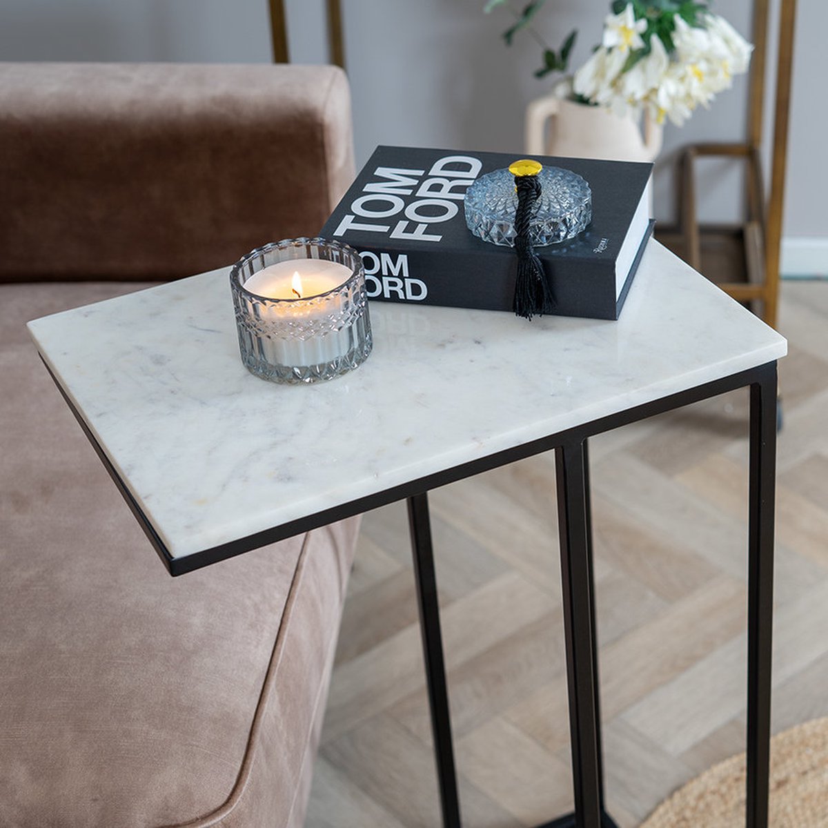 Bijzettafel marmer wit - zwart Frame - Laptop tafel - zetel tafel - 70 ...