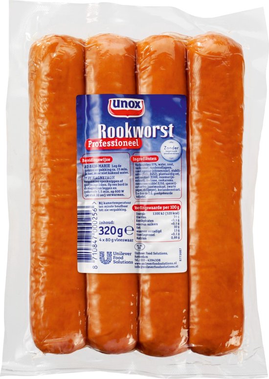 Unox Rookworst professioneel 80gr 12 pakken van 4 stuks Totaal 48 stuks ...