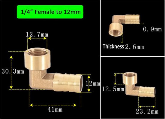 Weerhaakslang fitting, messing elleboog pijp connector 12mm, 1/4" BSP ...