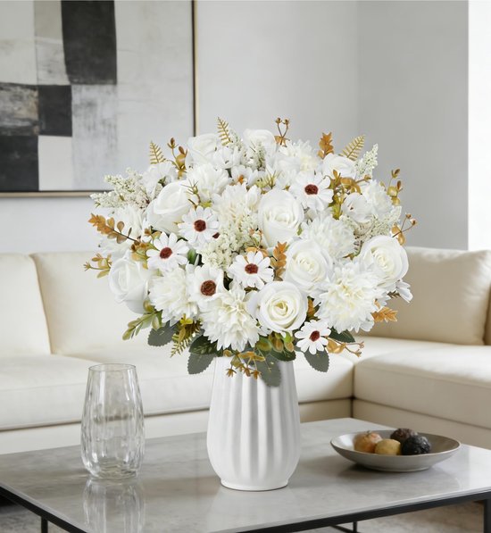 4 Stuks Kunstbloemen – Wit Boeket met Nep-pioenen, Zijden Hortensia's ...