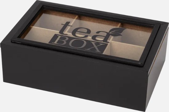 Theebox - 6 vakjes - Hout - Zwart - 24 x 16,5 x 7 cm | bol