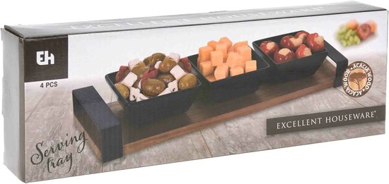 Excellent Houseware Serveerplank met 3 hapjes/saus/tapas schaaltjes ...