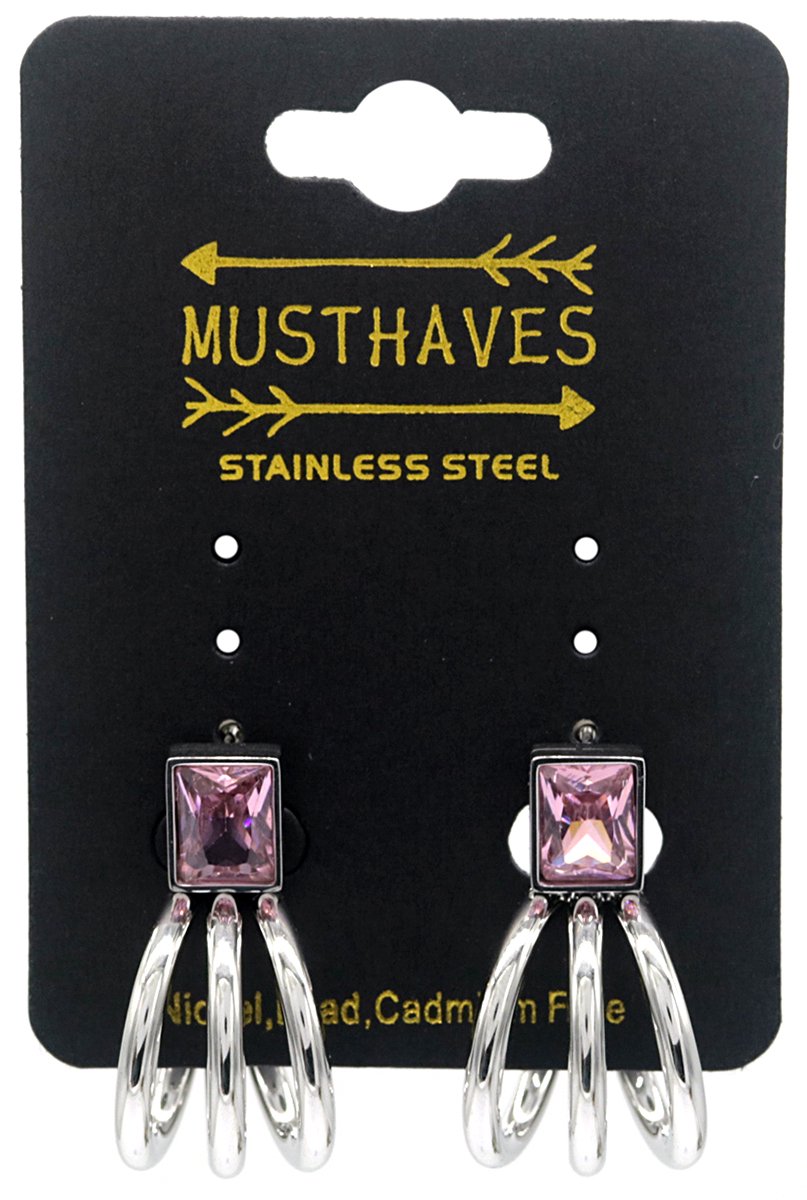 Oorbellen met Zirkonia - Oorhangers - RVS - 3 cm - Zilverkleurig Roze | bol.com