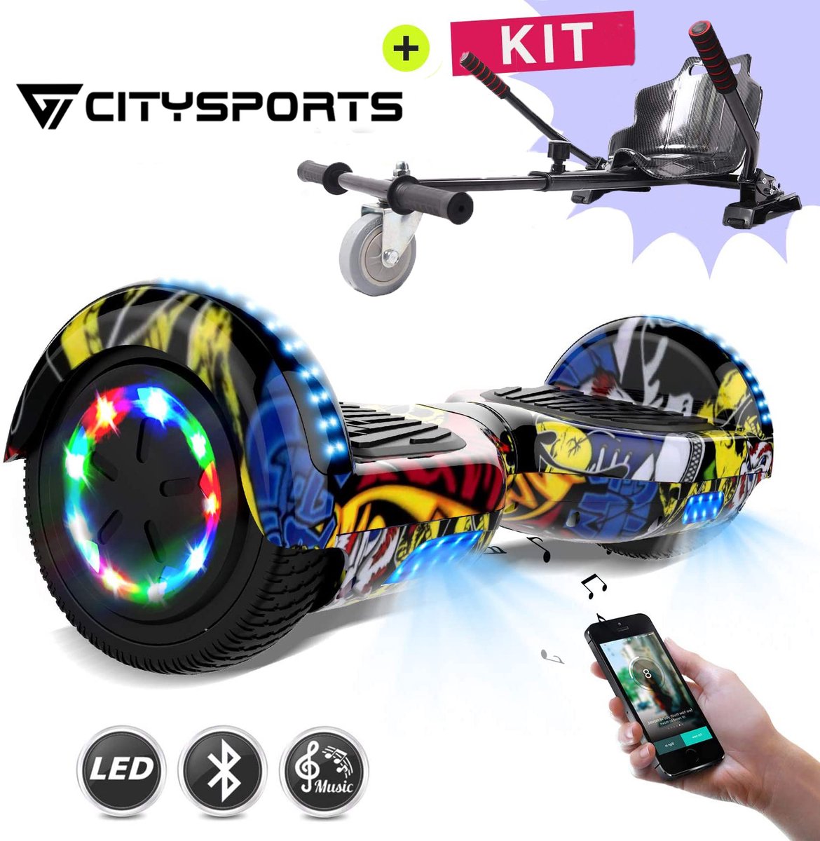 CITYSPORTS 6,5-inch hoverboard met hoverkart, knipperend met kleurrijke ...