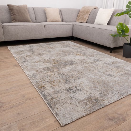 Beige met Grijs en Goud Tapijt Laagpolig Vloerkleed Koho Abstract ...