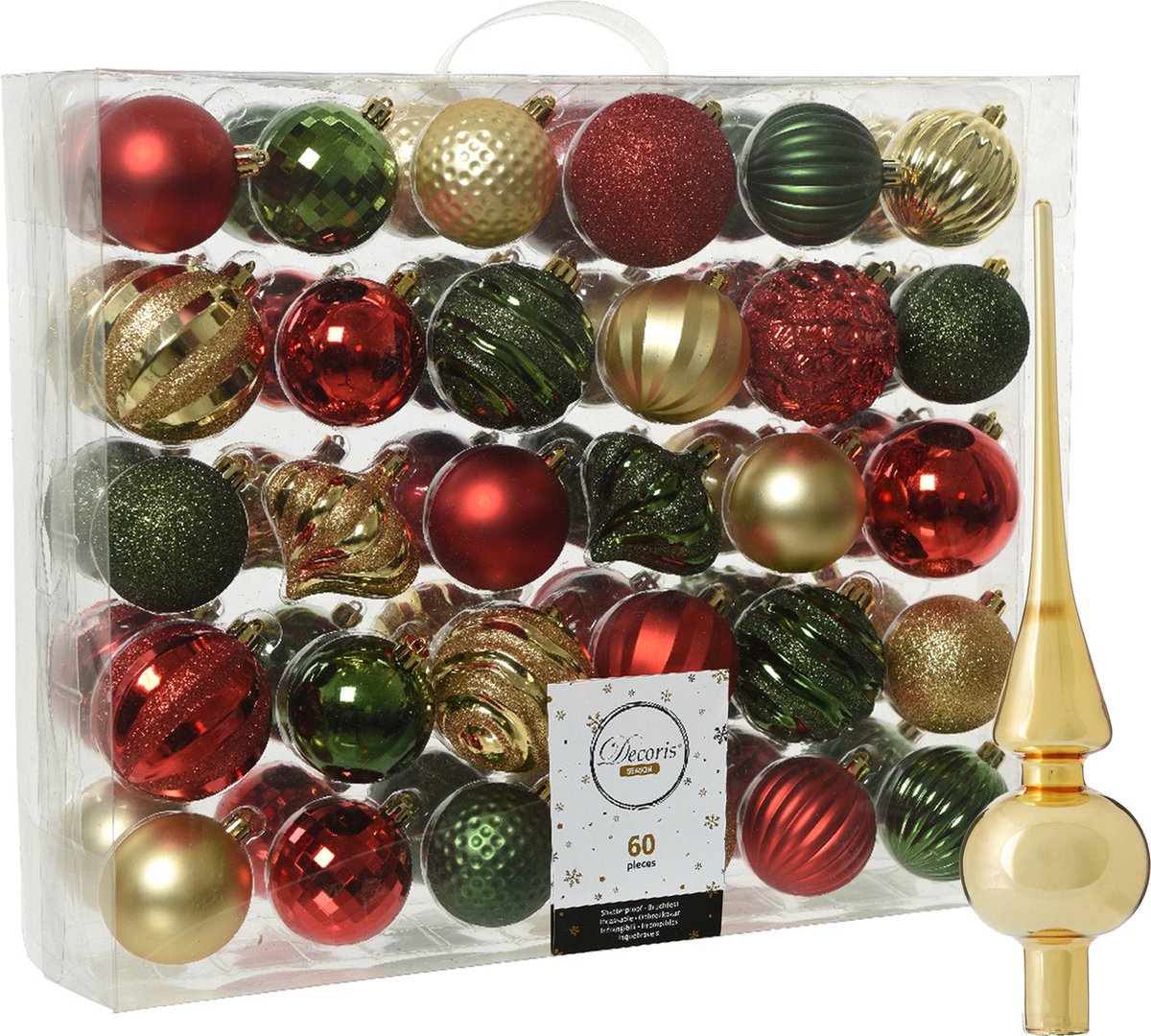 Decoris kerstballen 60x kunststof 6-7 cm- met piek -rood-goud-groen ...