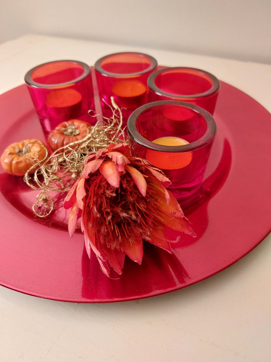 Rood bord/schaal met vier rode lichtjes (theelichtjes) glas inclusief ...