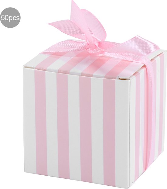 12 vierkante doosjes roze met witte strepen - bedankje - doosje ...