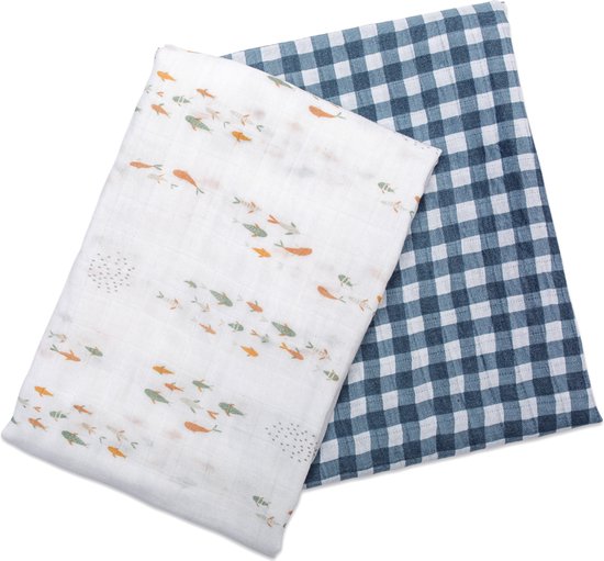 Lulujo swaddle 100x100 2-pack - Fish & Navy Gingham | bol.com