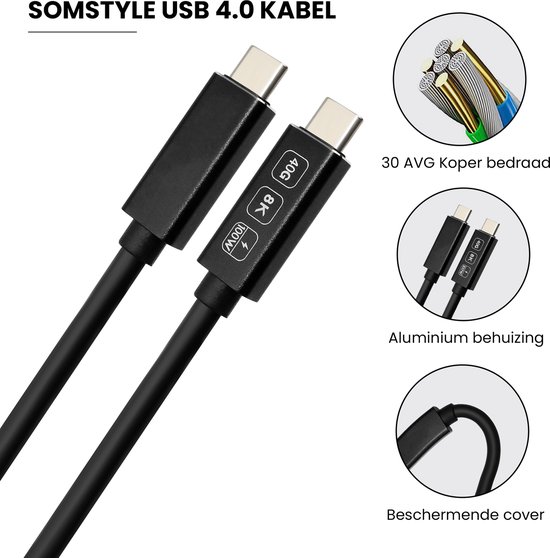 Somstyle USB 4.0 Kabel - USB-C naar USB-C - 100 W - 40Gbps ...