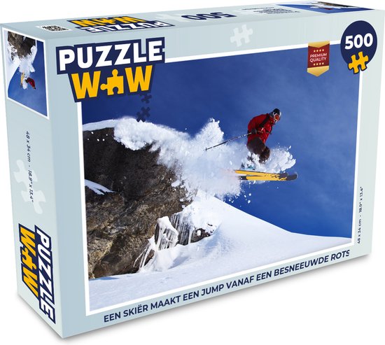 Puzzel Een skiër maakt een jump vanaf een besneeuwde rots - Legpuzzel ...