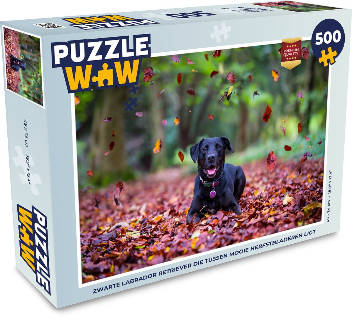 Puzzel Zwarte Labrador Retriever die tussen herfstbladeren ligt ...