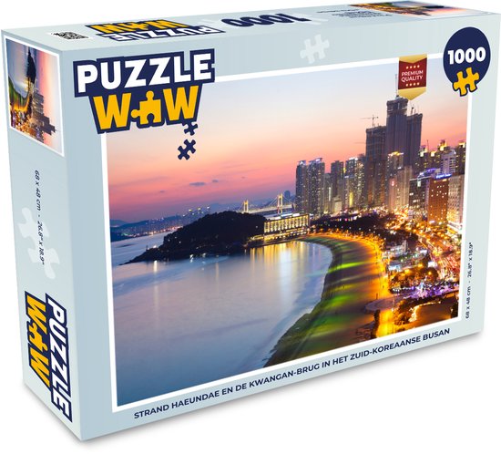 Puzzel Strand Haeundae en de Kwangan-brug in het Zuid-Koreaanse Busan ...