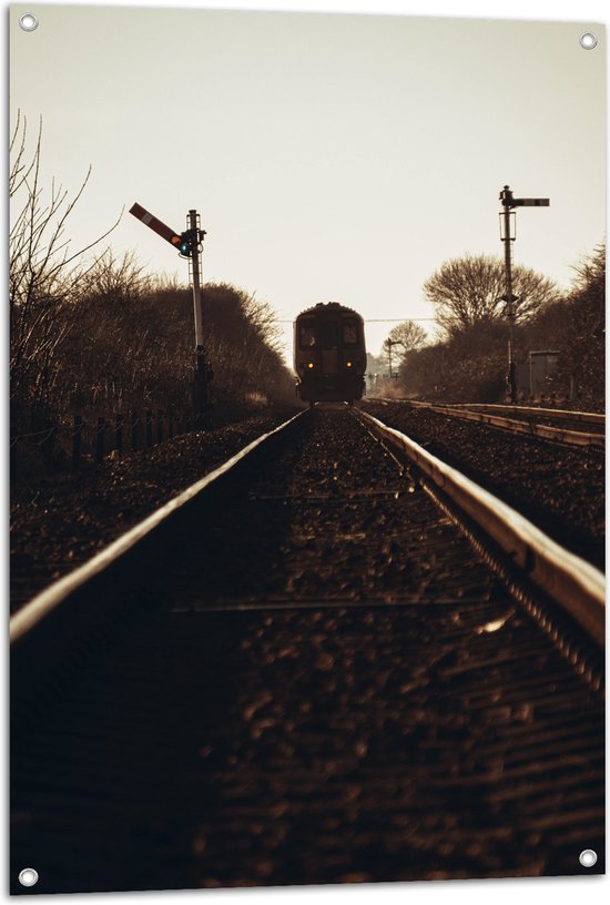 WallClassics - Tuinposter – Aankomende Trein op Rails - 70x105 cm Foto ...