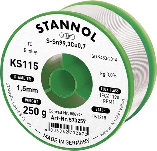 Stannol KS115 Soldeertin, loodvrij Spoel Sn99,3Cu0,7 ROM1 250 g 1.5 mm ...