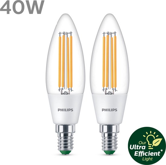 Philips Ultra Efficient LED kaarslamp Transparant - 40 W - E14 - Wit licht - 2-pack -... | bol.com