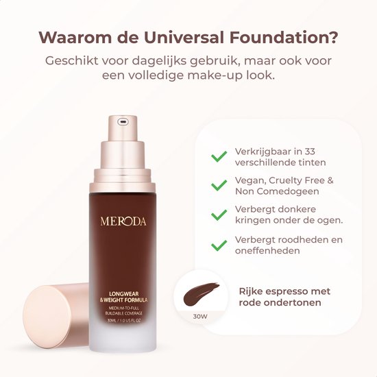 Meroda Universal Foundation - 30W | Rijke espresso met rode ondertonen ...