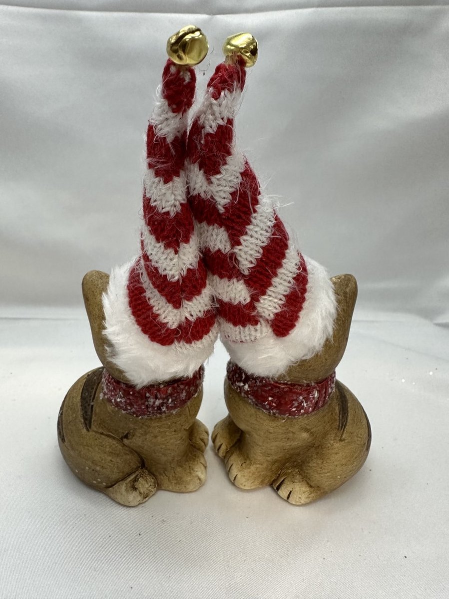 Kerstbeeld grijze kat/poes - Set van 2 stuks - rood+wit & glitters ...