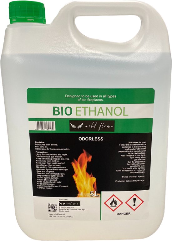 WILD FLAME 96 % Duurzame Bio Ethanol Brandstof 5 Liter Jerrycan ...