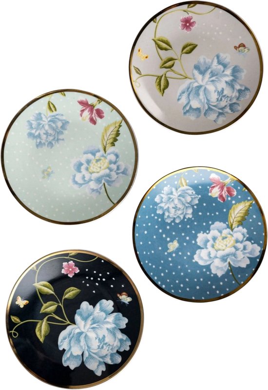 Laura Ashley Petit Four bordjes - 4 schaaltjes - 12 cm - Gouden rand | bol
