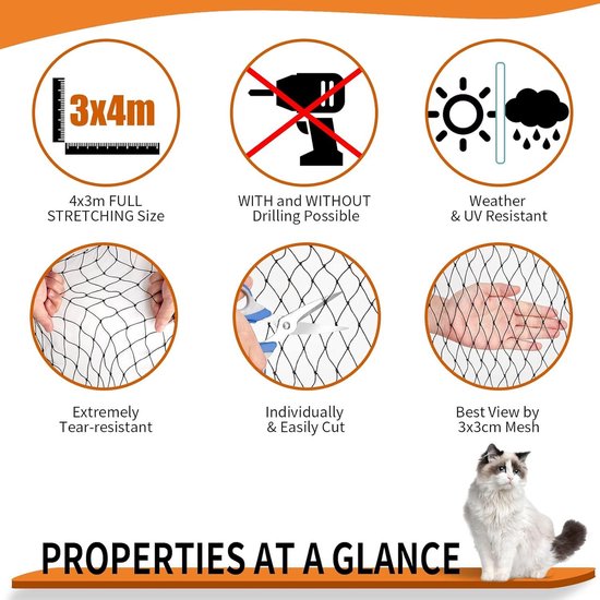 Draadversterkt Kattennet 4x3m | Balkonnet voor Katten Raamhor | Balkons ...