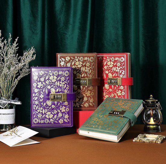 Dagboek met Slot Vintage Leren Reliëf bloem Gelinieerd Papier - Schrijf ...