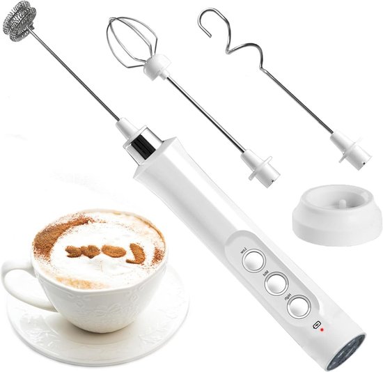 Elektrische melkopschuimer met 3 snelheden - oplaadbaar - inclusief 3 opzetstukken -... | bol