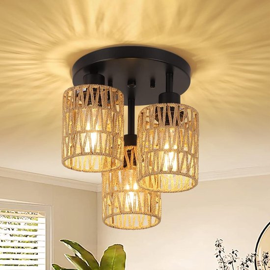 Hangende Rotan Plafondlamp 3-Lichts Vintage Boho Lampenkap - Rustieke ...