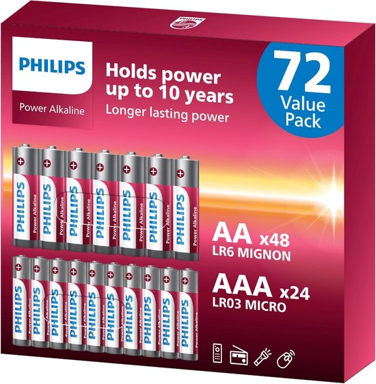 Philips Power - Alkaline batterijen - 72 stuks (48x AA + 24x AAA) | bol