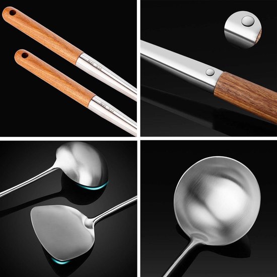 17 inch RVS Wok Spatel en Pollepel Set Wooden Spoons | bol