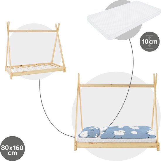 Kinderbed Tipi 80x160 cm van grenenhout incl. matras H-10cm houten bed ...