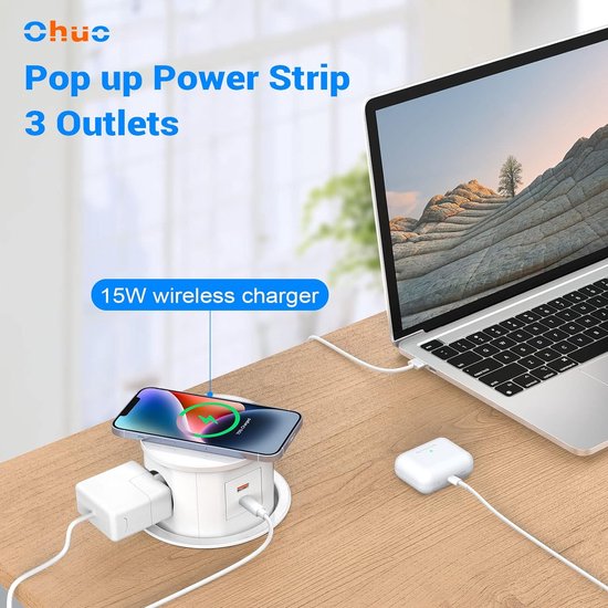 Ohuo - Intrekbaar Stopcontact met USB C - Draadloze Oplader - Wit | bol