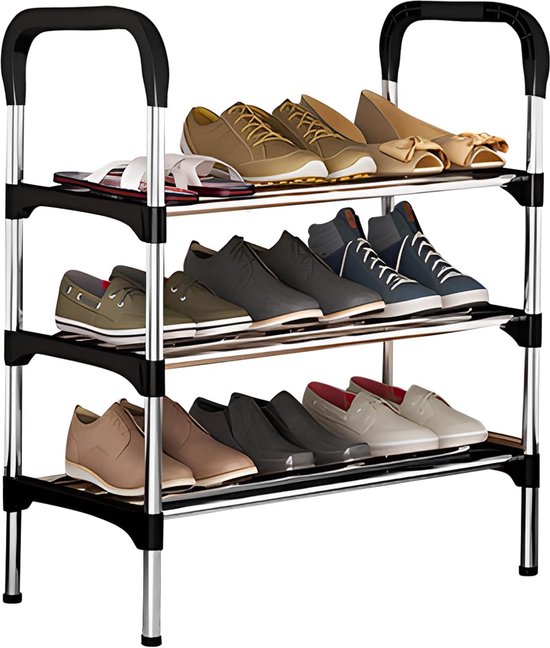 Schoenenrek met 3 niveaus, dik verzinkt stalen buizenrek met handvat ...