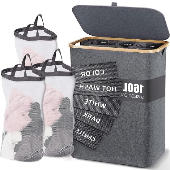 Wasmand 3 vakken XXL grote wasmand met 3 afneembare netzakken bamboe ...