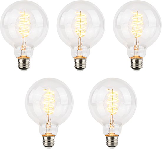 Voordeelpakket | LED Filament Globe lamp spiraal | 95mm | 4 Watt | Dimbaar | 2200K | 5... | bol