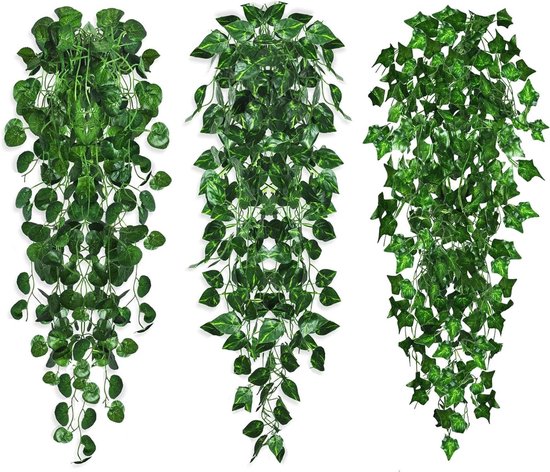 Hangende kunstplanten - set van 3 - 96 cm - kunstklimop - groene ...