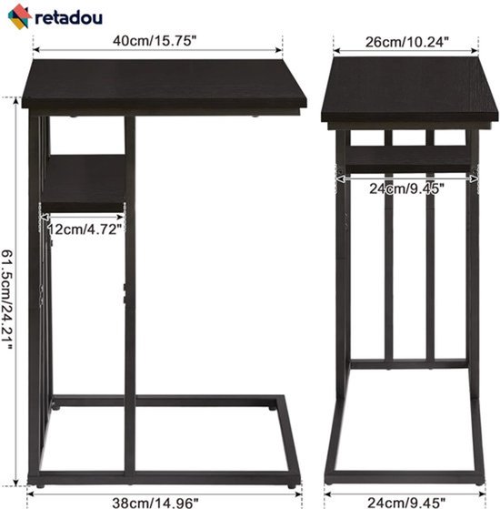 Bijzettafel, C-vorm, laptoptafel, kleine salontafel met wieltjes ...