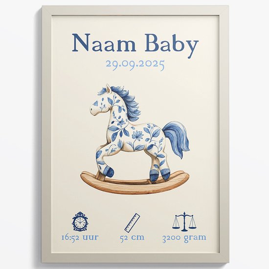 Baby / Geboorte poster - Blauw Hobbelpaard- Met Naam, Geboortedatum ...