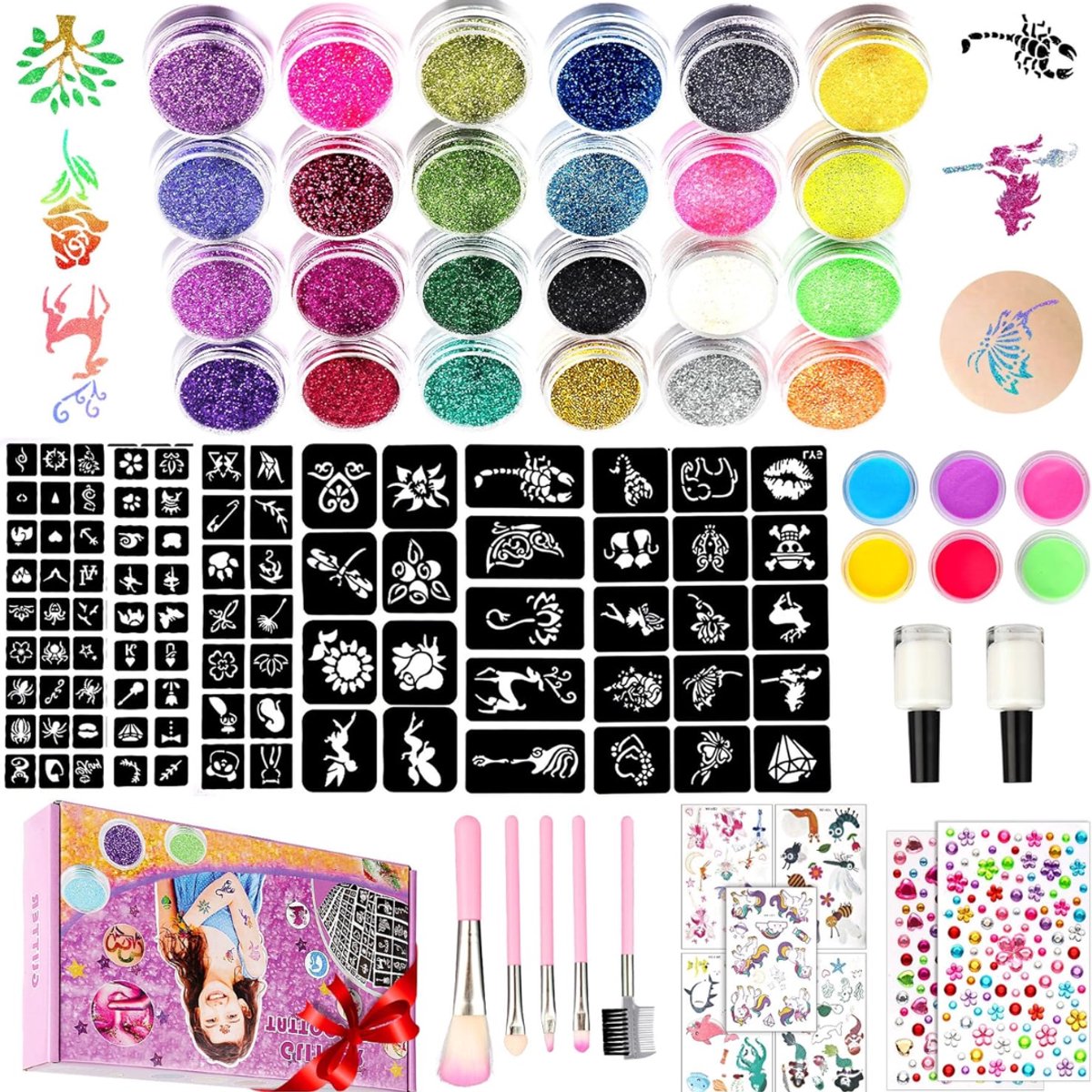 Lexium Glitter Tattoo set - Glitter - Tattoo - Kleuren - Complete set - Festival tattoo ...