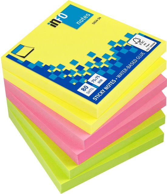 Info sticky notes - Brilliant - 6 x 80 vel - 75x75mm - 3 kleuren - IN ...