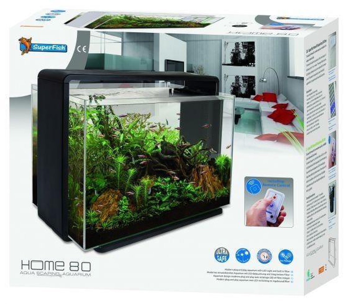 Superfish Home 80 LED Aquarium - 65 x 31 x 56 cm - 80L - Zwart | bol.com