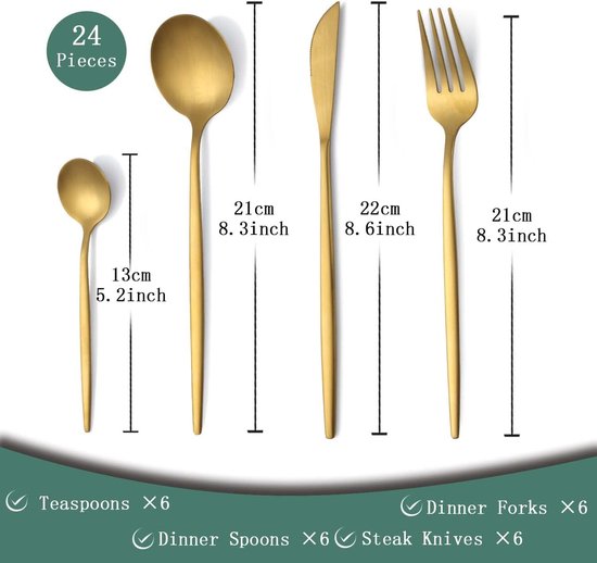 Bestekset, bestekset voor 6 personen, 24-delige bestekset goud mat ...