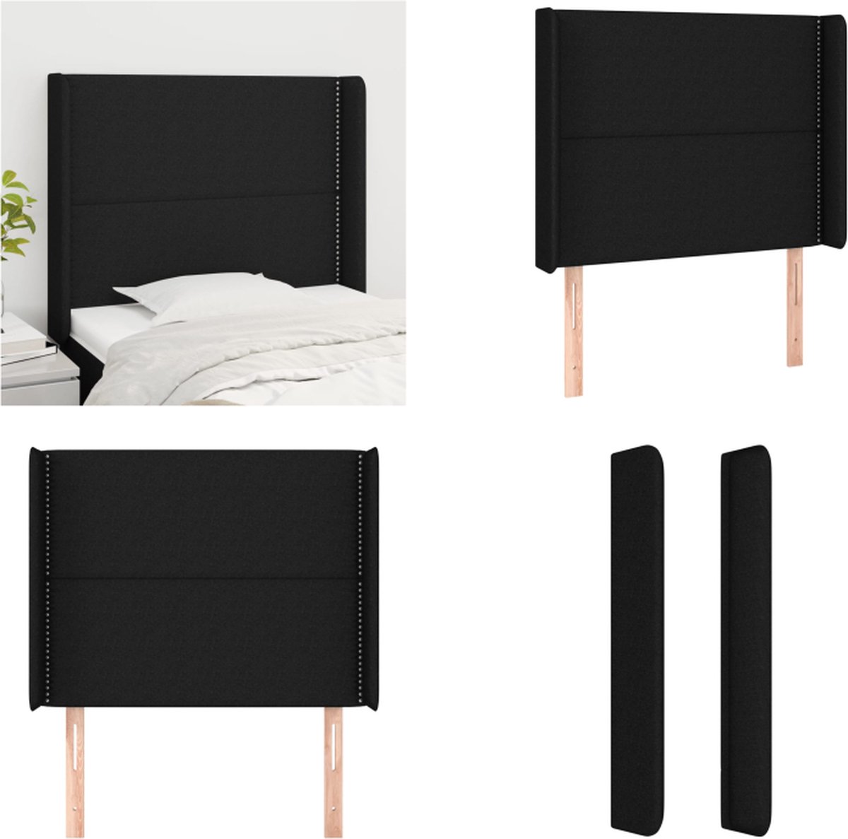 vidaXL Hoofdbord met randen 103x16x118/128 cm stof zwart - Hoofdbord - Hoofdborden -... | bol