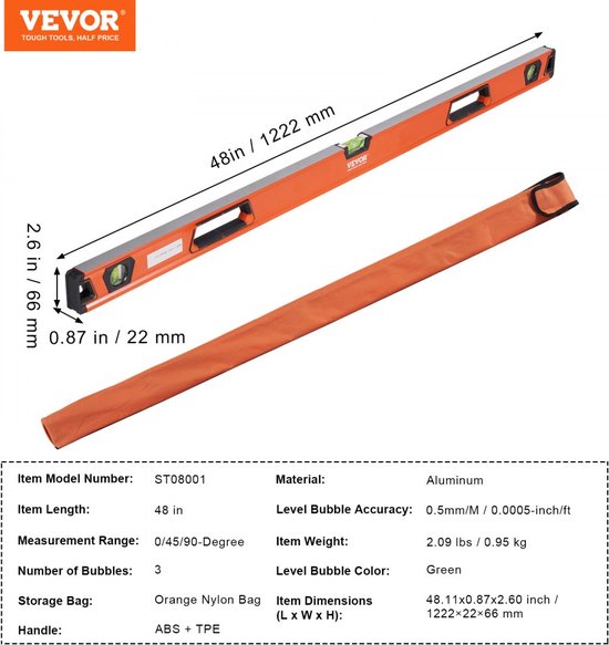 Dakta® waterpas aluminium magnetische waterpas 1222 mm 3 niveaus 45 ...