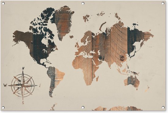 Tuinposter - Tuindoek - Tuinposters buiten - Wereldkaart - Houten Plank ...