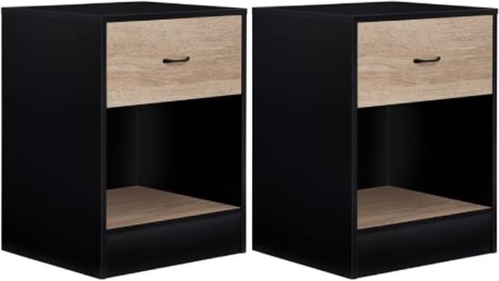 Set van 2 nachtkastjes Olga hout zwart en lade in beukenlook | bol