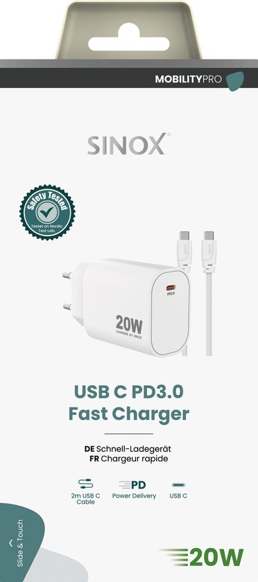 Sinox - MOBILITY POWER - Lichtnetadapter USB-C PD 20W w/C-C, White | bol