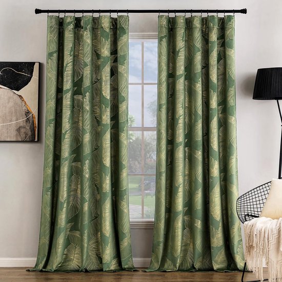 Rideau en velours à motif feuilles, lot de 2 rideaux, velours, vert ...